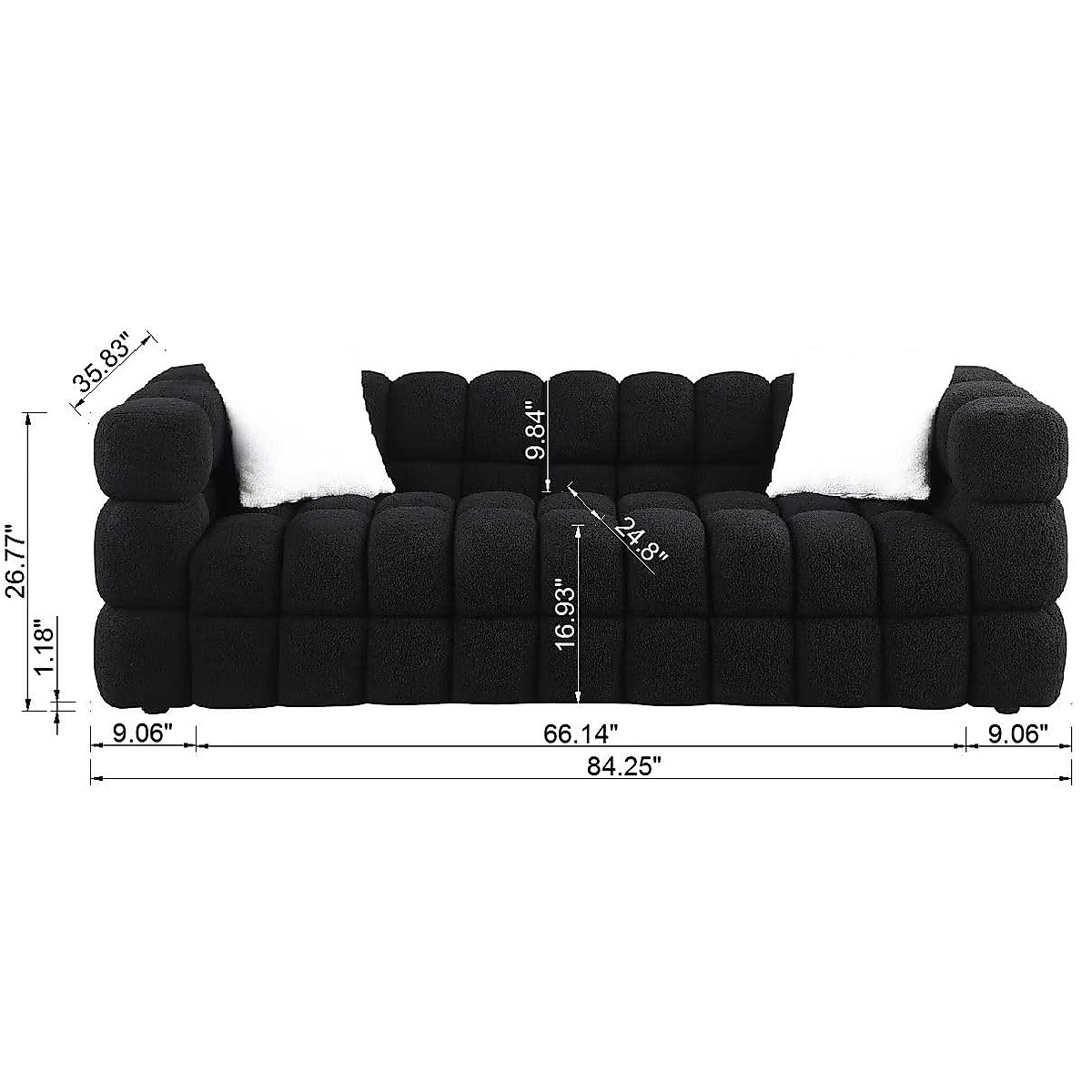 kevinplus 84.3'' Cloud Black Sofa Couch Boucle Chesterfield Sofa Couch for Living Room, Modern 3-Seat Upholstered Sectional Sofa Couch for Apartment Bedroom Dorm Office, Medium-Soft & 2 Pillows, Black