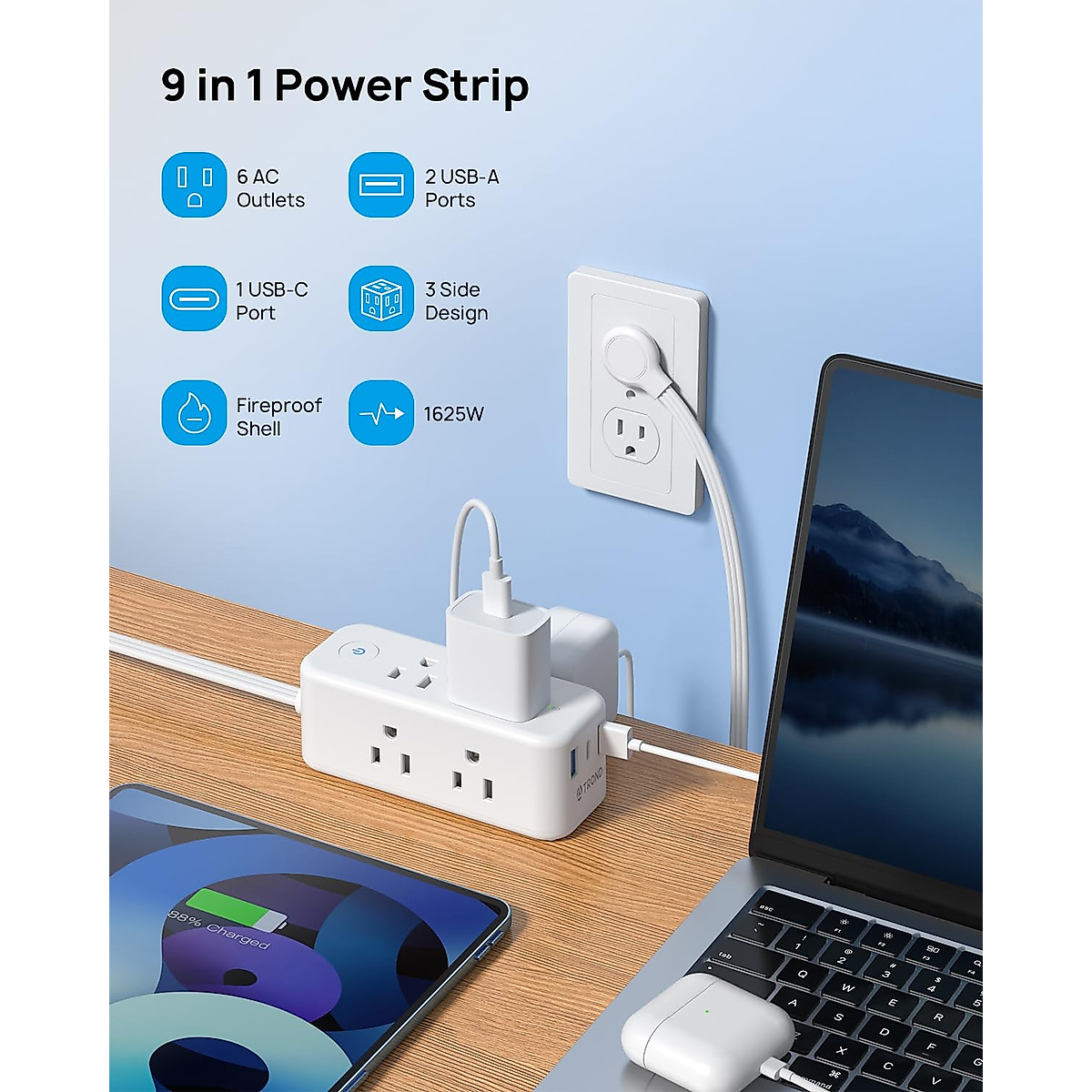 TROND Flat Extension Cord, 5ft Flat Plug Power Strip, 6 Wide Outlets and 3 USB Ports(1 USB C), 1440J Surge Protector, 3 Side Outlet Extender, Compact Desk Charging Station for Travel, Home, Office