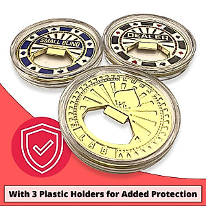 Luck Lab Set of 3 Metal Bottle Opener Poker Buttons - Dealer Button, Big Blind and Small Blind Metal Weights (Position Markers) for Texas Hold Em - 2 inch