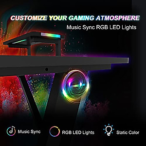 JOY worker RGB Gaming Desk 47 Inch with Led Lights, Music Sync Computer Gamer Desk, Carbon Fiber Surface PC Gaming Desk with Monitor Stand, Ergonomic Z Shaped Gaming Table with Plug Board Holder,Black