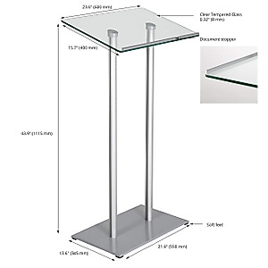 M&T Displays Tempered Clear Glass Conference Podium Stand Silver Aluminum Body and Base 43.9 Inch Height Floor Standing Lectern Pulpit Desk for Classroom Church