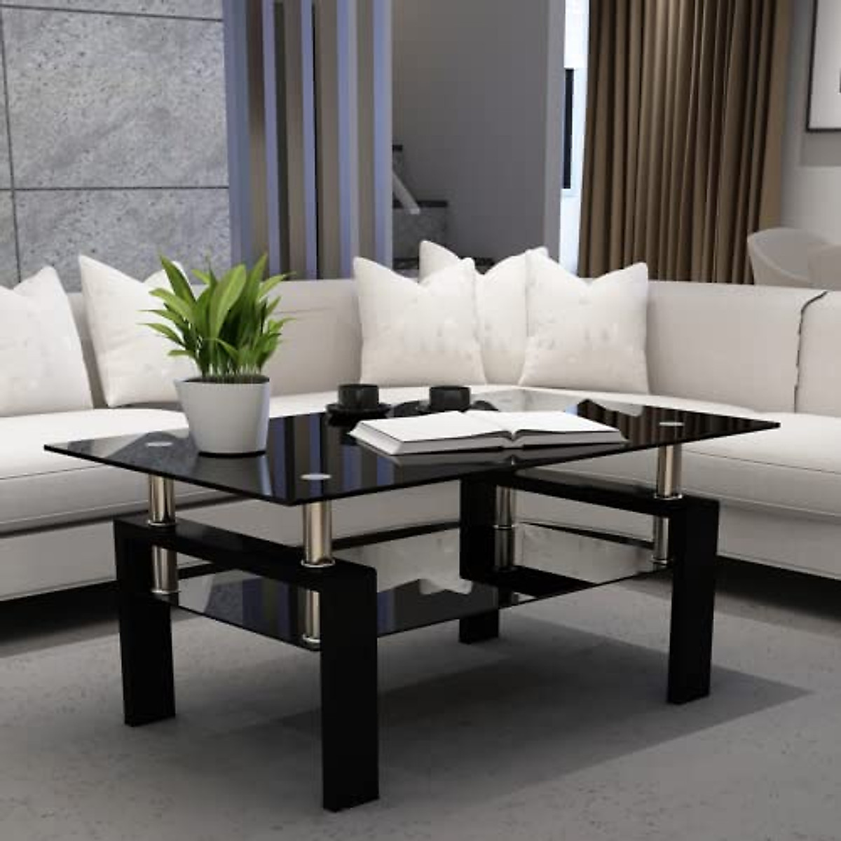 Tempered Rectangle Glass Coffee Tables with Metal Legs, Clear Coffee Table, Modern Side Center Tables for Living Room, 39.37" x 23.62" x 17.7" cm, Black