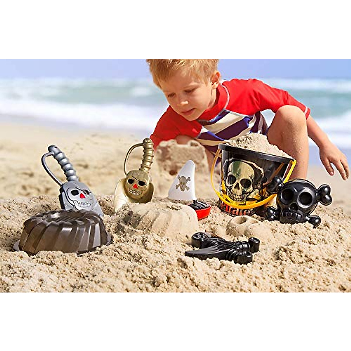 Pirate Beach Toys and Sand Mold Kids Set - 7 PCS - Outdoor Fun for Toddlers - Boys or Girls with Pirate Bucket & Shovels - Sand Toys for Kids 3-10 - Travel-Friendly - Summer Toddler Toys