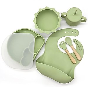 KCMI’s Baby-Led Weaning Supplies: Silicone Feeding Set with Bibs, Suction Bowl, Divided Plate, Cup, and Self-Feeding Spoons for Babies and Toddlers - [Green]