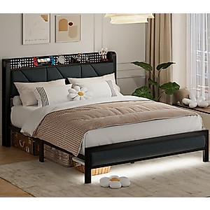Furnulem Queen Size Bed Frame with LED Lights,Upholstered Storage Headboard with Charging Station and USB Port, Platform Bedframe Queen No Box Spring Needed, Noise Free