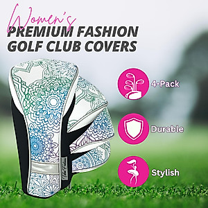 Womens Designer Golf Club Covers 4 Pack - Taboo Fashions Numbered Head Covers for Driver Woods & Hybrid - Weather/Moisture Resistant Protection (Mandala Dreams)