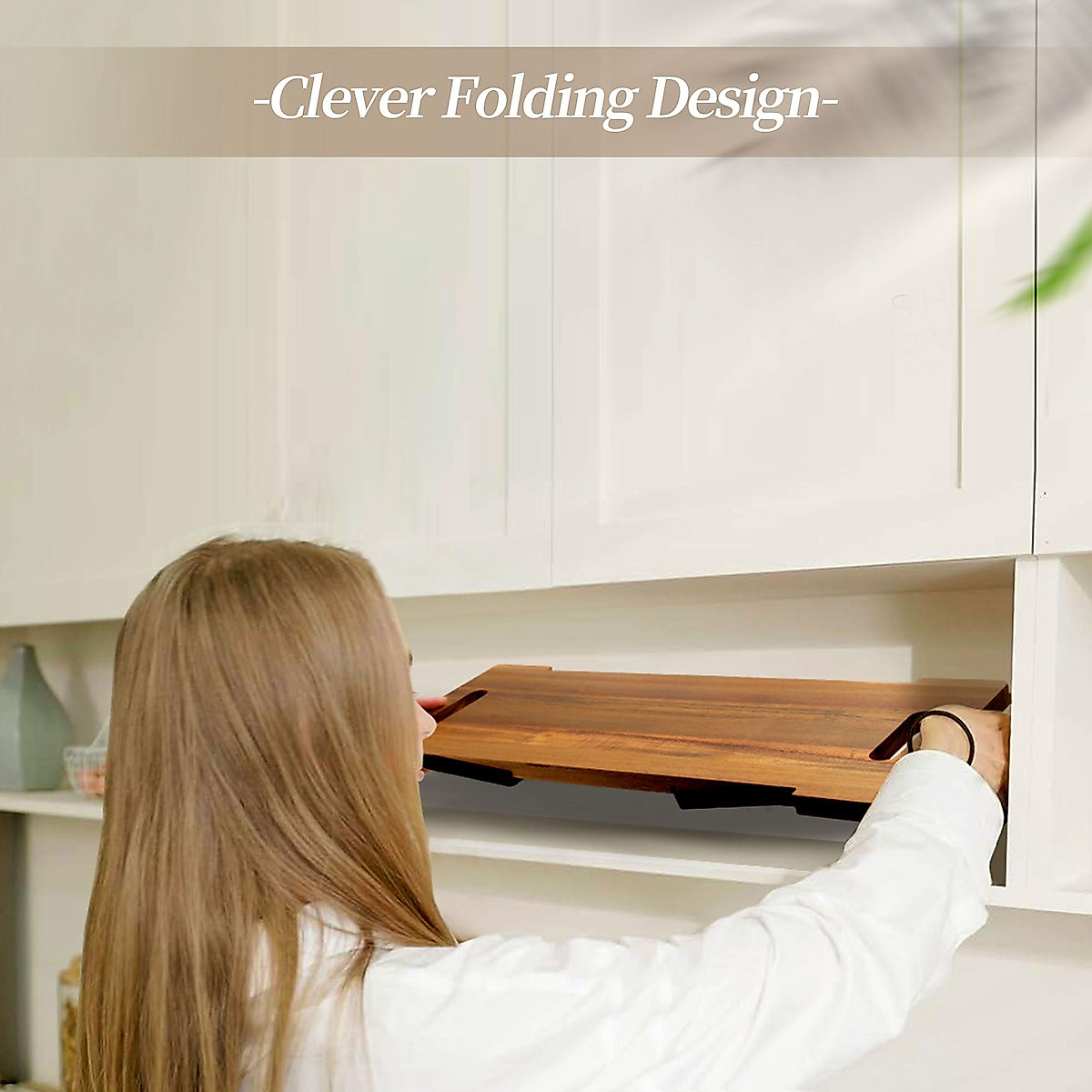 Hanobe Charcuterie Cheese Board Large: Long Acacia Serving Wooden Riser with Handles Folding Appetizer Boards Raised Wood Plank for Parties Buffet Food Display and Farmhouse Counter Decor