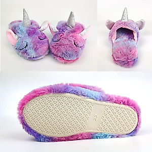 ZOBAYOP Kids Unicorn Slippers with Rubber Soles for Boys Girls Home Plush Shoes Indoor Anti Slip Cute Warm Purple X22