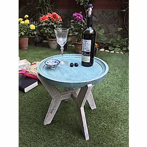 SAVON Serving Table Wood Side end Round Blue Rustic Wooden Tray Collapsible Distressed