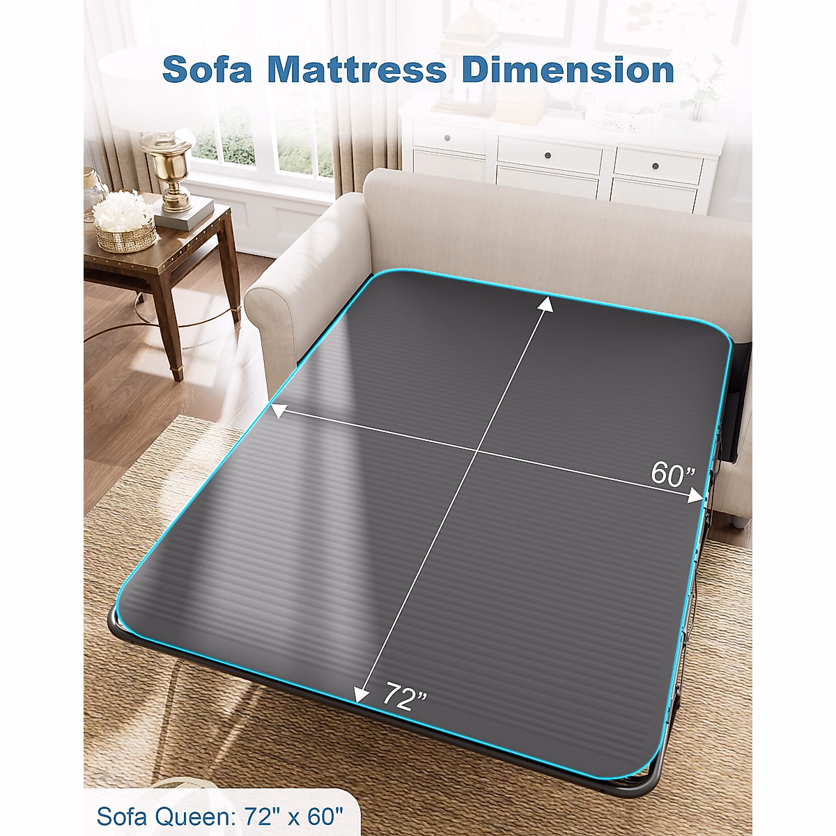 Ferlizer 4" [Queen] Sofa Bed Mattress Replacement, Memory Foam Sofa Mattress Topper with Ultra Soft Cover, CertiPUR-US Certified, Blue