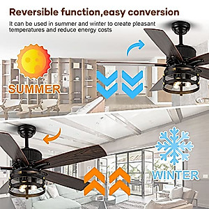 Farmhouse Rustic Ceiling Fans With Lights, Outdoor Ceiling Fan For Patios With Light, 52 In Industrial Ceiling Fan 5 Blade Large Airflow Dual Finish Wood Blades Ceiling Fan, Reversible Dc Quiet Motor