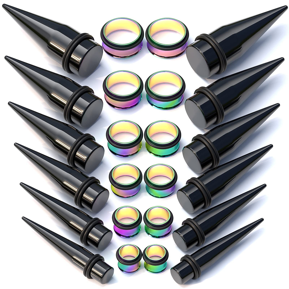 XSNA 24pcs Big Gauge Ear Stretching Kit 10mm-20mm with Case Holder | Tapers Tunnels 316L Surgical Steel Body Piercing Jewelry Set, Rainbow 00G-13/16