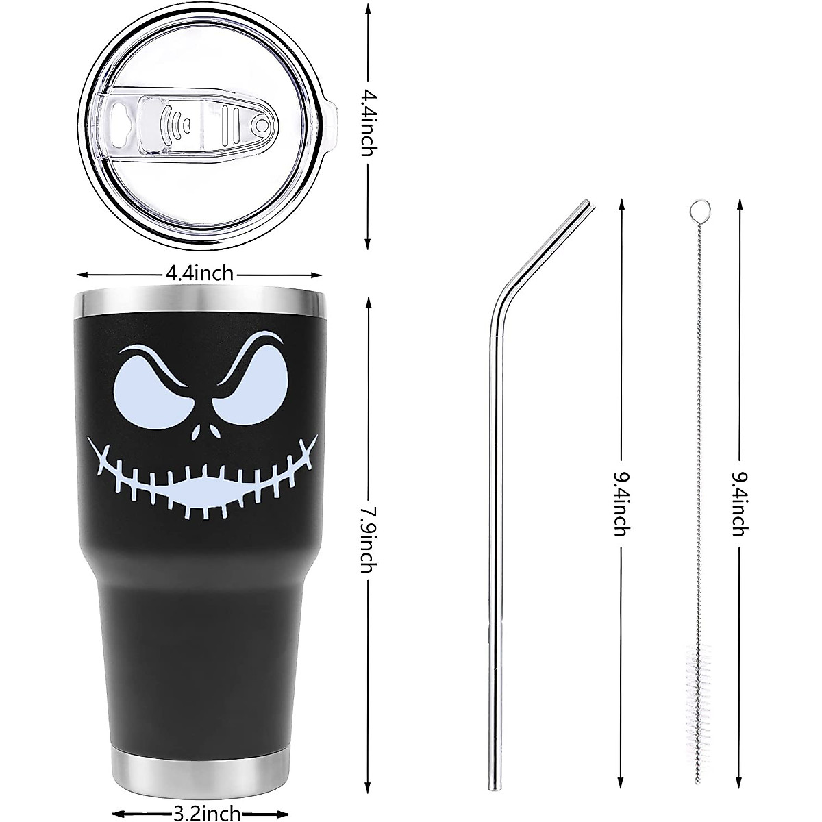 Stainless Steel Three-layer Insulation Cute jack skellington cup 30 oz tumbler with Lid and Straws travel mugs funny coffee tea cups for MenWomen boyfriend gifts (Black)