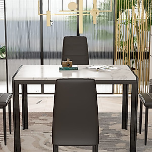 AWQM Faux Marble Dining Table Set for 4,Kitchen Table and Chairs,5 Piece Dining Room Table Set,Rectangular Table and 4 PU Leather Chairs for Living Room,Small Space,Breakfast Nook,White&Black