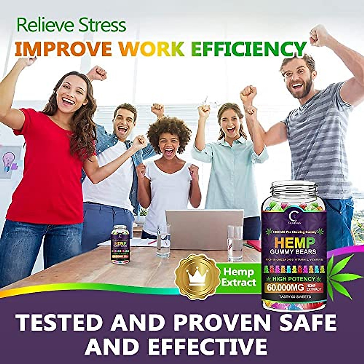 GPGP GreenPeople (3 Pack) Hemp Gummies 60,000mg Extra Strength, 100% Natural Hemp Oil Infused Bear Gummy, Promotes Focus Calm, Sleep and Calm Mood