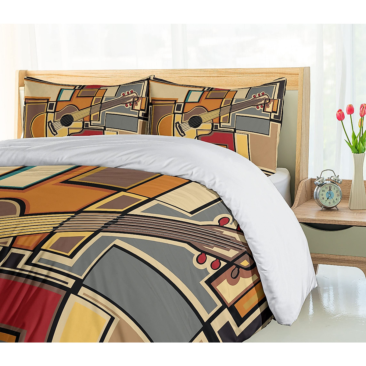 Ambesonne Music Duvet Cover Set, Funky Fractal Geometric Square Shaped Background Acoustic Guitar Art, Decorative 3 Piece Bedding Set with 2 Pillow Shams, King Size, Pale Yellow