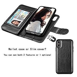 NJJEX Wallet Case for iPhone Xs Max, for iPhone Xs MAX Case, PU Leather [9 Card Slots] ID Credit Folio Flip [Detachable][Kickstand] Magnetic Phone Cover & Lanyard for iPhone Xs Max 6.5" 2018 [Black]
