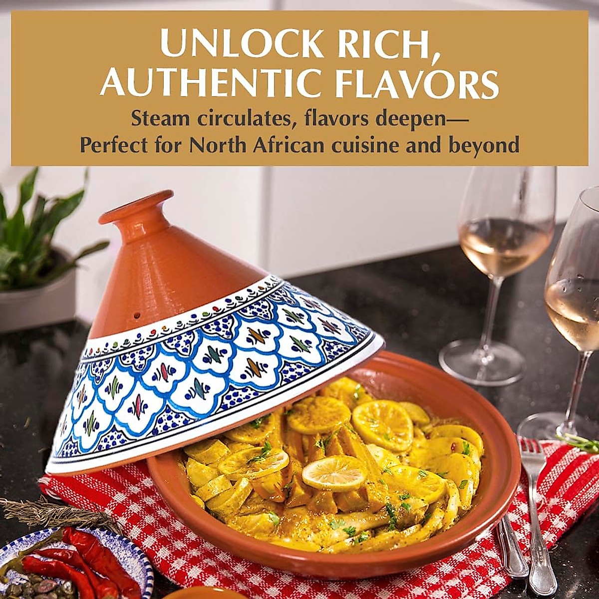 Kamsah Tagine Pot for Flavor Enrichment - Clay Pot for Cooking (12”, 5.5 QT) - Moroccan Ceramic Pots for Cooking w/Lid & Serving Bowl -Large Handmade Cookware, Bohemian Turquoise, Non-Stick, Lead-Free