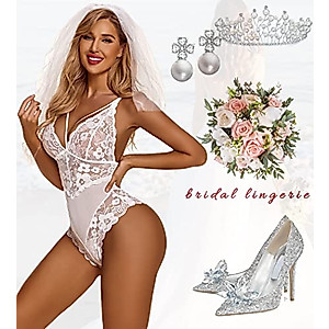 Avidlove Bridal Lingerie for Women Sexy Lingerie Floral Lace Teddy Strappy One Piece Snap Crotch Boudoir Lingerie(White,M)