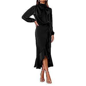 KIRUNDO Women's Fall Satin Mock Neck Wedding Guest Cocktail Midi Dress Long Sleeve Wrap Ruched Ruffle Formal Dresses(Black, Large)