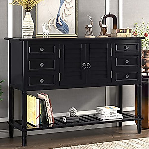 XD Designs Retro Style Sideboard Console Table, Free Standing Kitchen Storage Buffet Server Cabinet, 45 Table Sofa 6 Drawers, 1 Cabinets and Bottom Shelf (Black + MDF), 45.28Wx14.96Dx34.02H