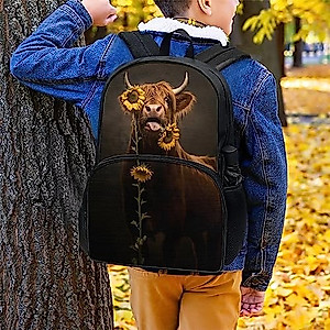 Drydeepin Cute Highland Cow Sunflower Print Children School Bag Casual Daypack Lightweight School Backpack for Teens Boys Girls Middle School Primary School Student Bookbag Travel Rucksack