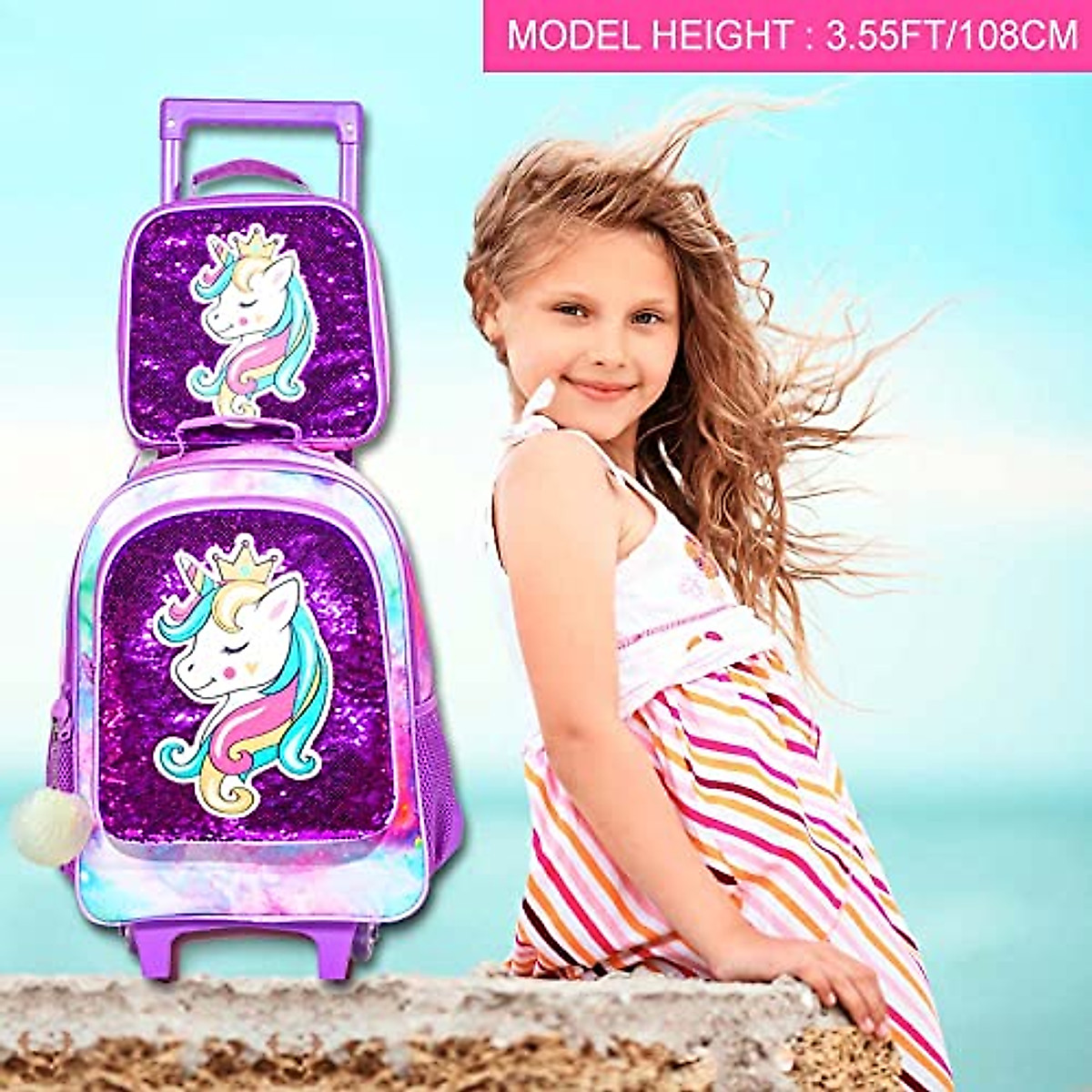 TXHVO 3PCS Rolling Backpack for Girls,Kids Unicorn Bookbag with Roller Wheels, Sequin Suitcase School Bag Set for Elementary Toddler