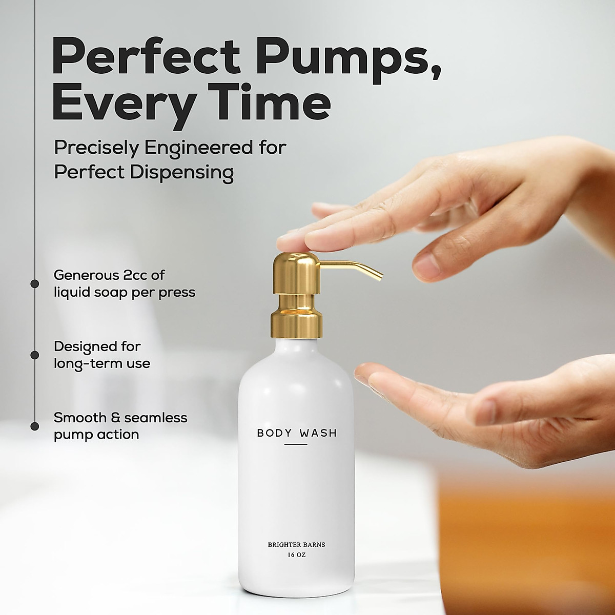 Luxury Shampoo and Conditioner Dispenser Set by Brighter Barns - Shower Soap Dispenser - Shampoo Conditioner Body Wash Dispenser & Pump - White and Gold Bathroom Accessories in Spa, Hotel, Gift (Gold)