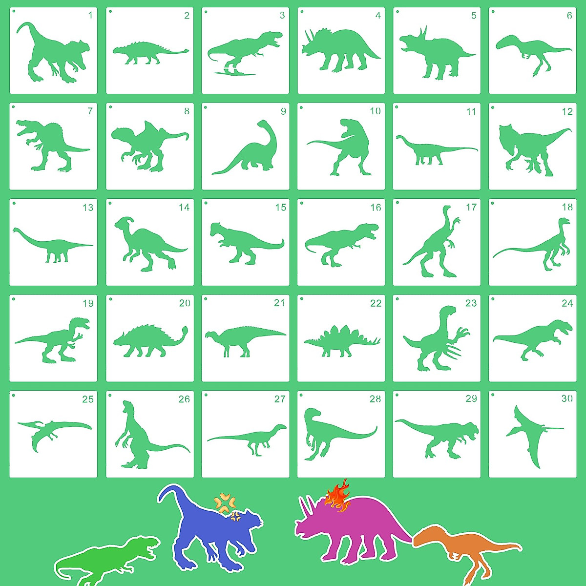 Kyteazr Stencils 30 Pcs 6x6 inch, Reusable & Washable Dinosaurs Stencils for Painting, DIY Crafts, Wall Art and Playtime