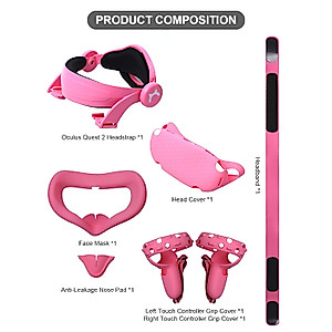 Barbie Pink 6 in 1 Set Head Strap for Oculus Quest 2 Accessories,MODJUEGO Adjustable Forehead Strap with Silicone Touch Controller Grip Cover, VR Face Cover and VR Shell Protector Cover Replacement