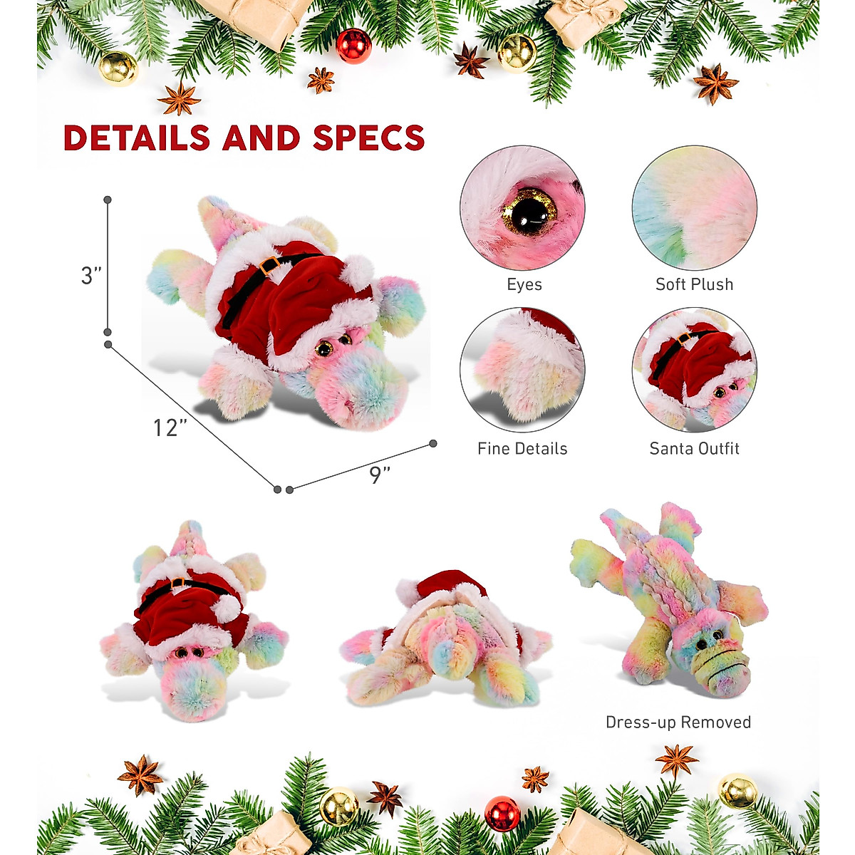 DolliBu Santa Rainbow Alligator Plush Stuffed Animal Plush Toy - Soft Wild Animal Dress Up with Red Santa Claus Outfit, Wildlife Gift, Holiday with Name Personalization - 12 Inch