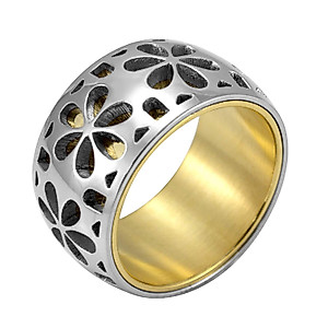 555Jewelry Edgy Stainless Steel Engraved Daisies Hawaiian Plumeria Flower Full Bloom Blooming Memorable Unisex Wedding Engagement Band Fashion Jewelry Accessory Ring, Yellow Gold Size 9