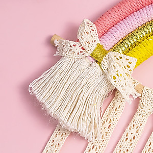 WAKOEGOFU Rainbow Tassels Hair Bows Holder Hanging - Baby Hair Accessories Storage Headband Holder Hair Clips Organizer Wall Hanger Decor for Baby Girls Room Ornament (Pink Yellow)