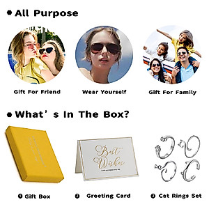 RINHOO FRIENDSHIP 4Pcs Cute Cat Rings Silver Plated Pet Open Adjustable Finger Statement Ring for Women (SET 1)