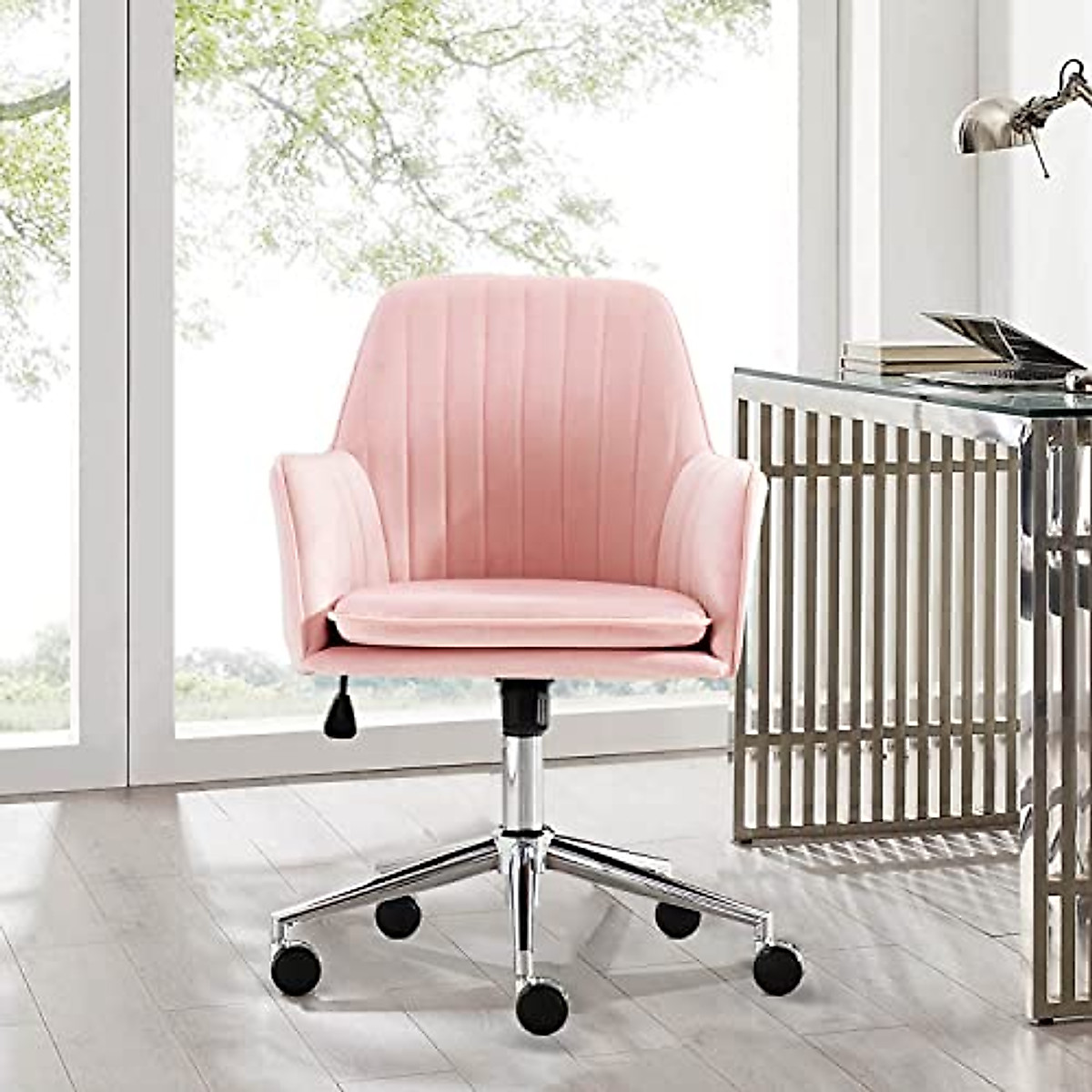 Altrobene Velvet Desk Chair, Ergonomic Computer Task Chair, Accent Reception Chair, 360 Degree Swivel, Height Adjustable, for Home Office/Study/Girls' Bedroom, Pink