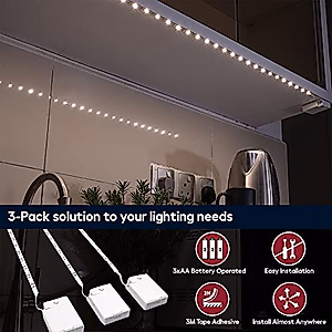 BestLuz Battery Powered Under Cabinet Lighting, Wireless LED Strip Lights for Kitchen Under Cabinet | Shelves | Under Counter | Closet | Cordless Click Light | 40 inch x 3-Pack Neutral White 4000K