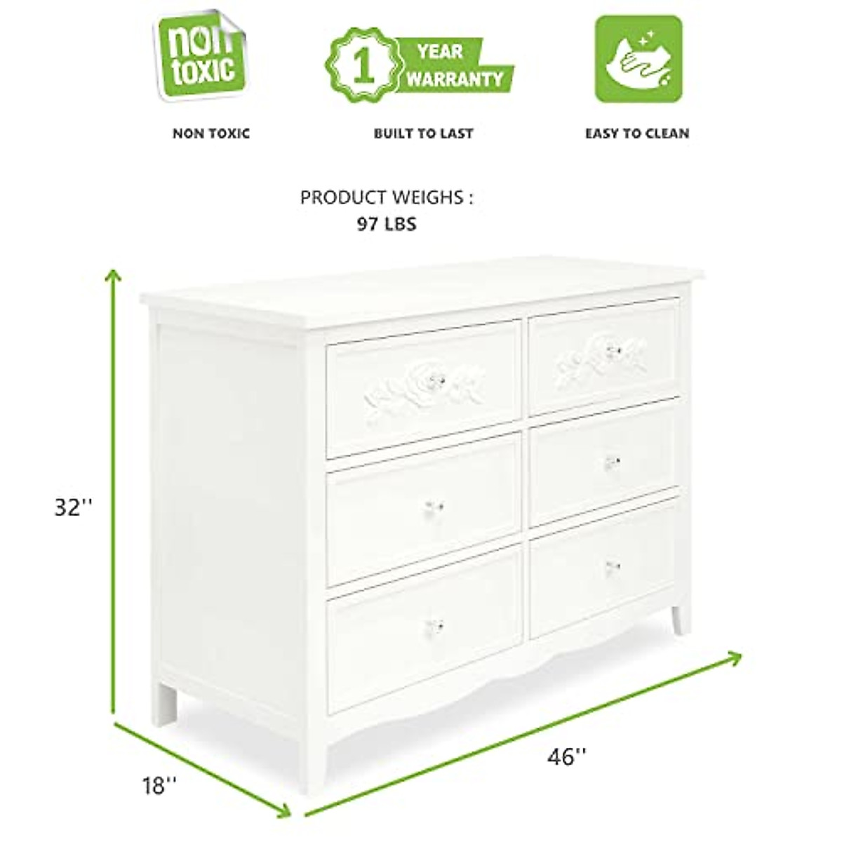 SweetPea Baby Rose/Tiana Double Dresser in French White, Made of Sustainable Pinewood, Easy to Assemble, Non-Toxic Finish, Six Spacious Drawers, Nursery Furniture