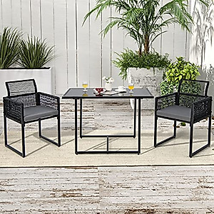 Tangkula 3 Pieces Outdoor Dining Set, Patio PE Rattan Furniture Set with Folding Backrest, Cozy Seat Cushions, Tempered Glass Tabletop, Space-Saving Rattan Chair Table Set for Backyard, Poolside