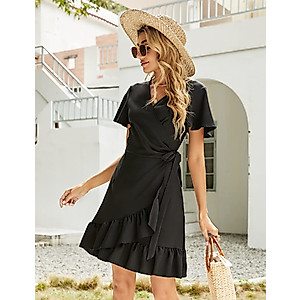 Naggoo Womens Wrap Dress V Neck Trendy Polka Dot Ruffle Short Sleeve Evening Mini Dress (Large, Solid Black)