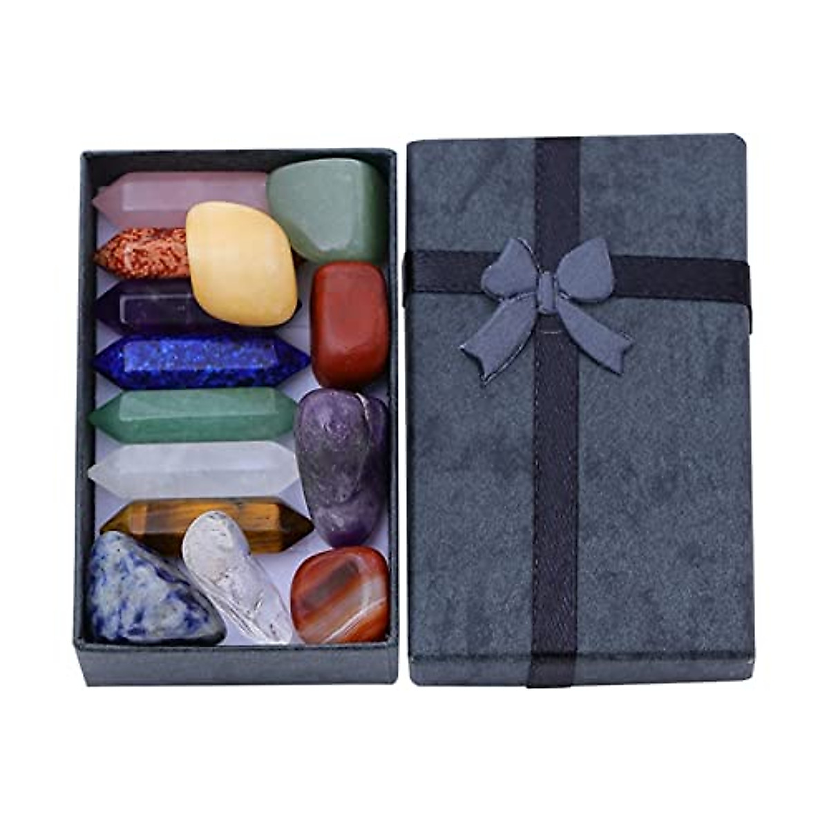 Crystal Chakra Yoga Stone, Natural Crystal Hexagonal Column, Spiritual Meditation Therapy Tumbled Stones, DIY Gift Box Decoration Matching Set (Black)