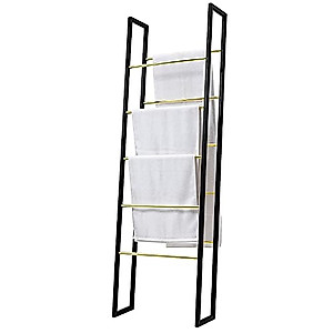 MyGift Art Deco Style Towel Ladder Rack Modern Black and Gold Tone Metal Wall Leaning Decorative Blanket Hanger Holder