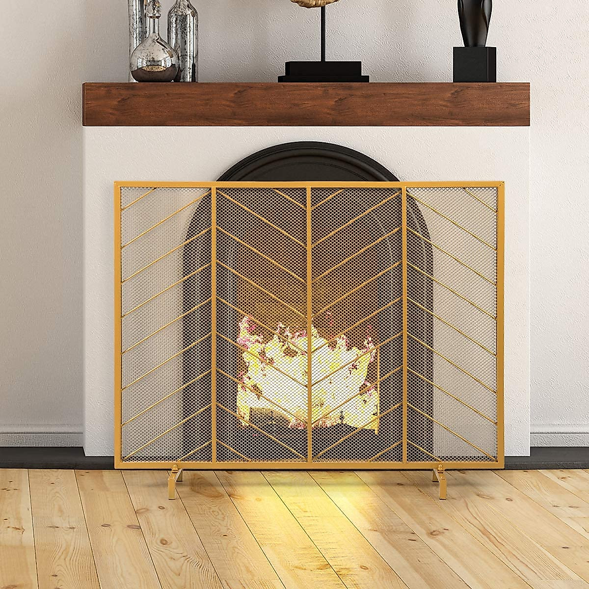 OFFICEJOY 39 x 29in Fireplace Screen, Single Panel Wrought Chevron Fireplace Screen, Iron Mesh Fire Spark Guard for Living Room, Bedroom, Metal Fireplace Decoration for Indoor & Outdoor