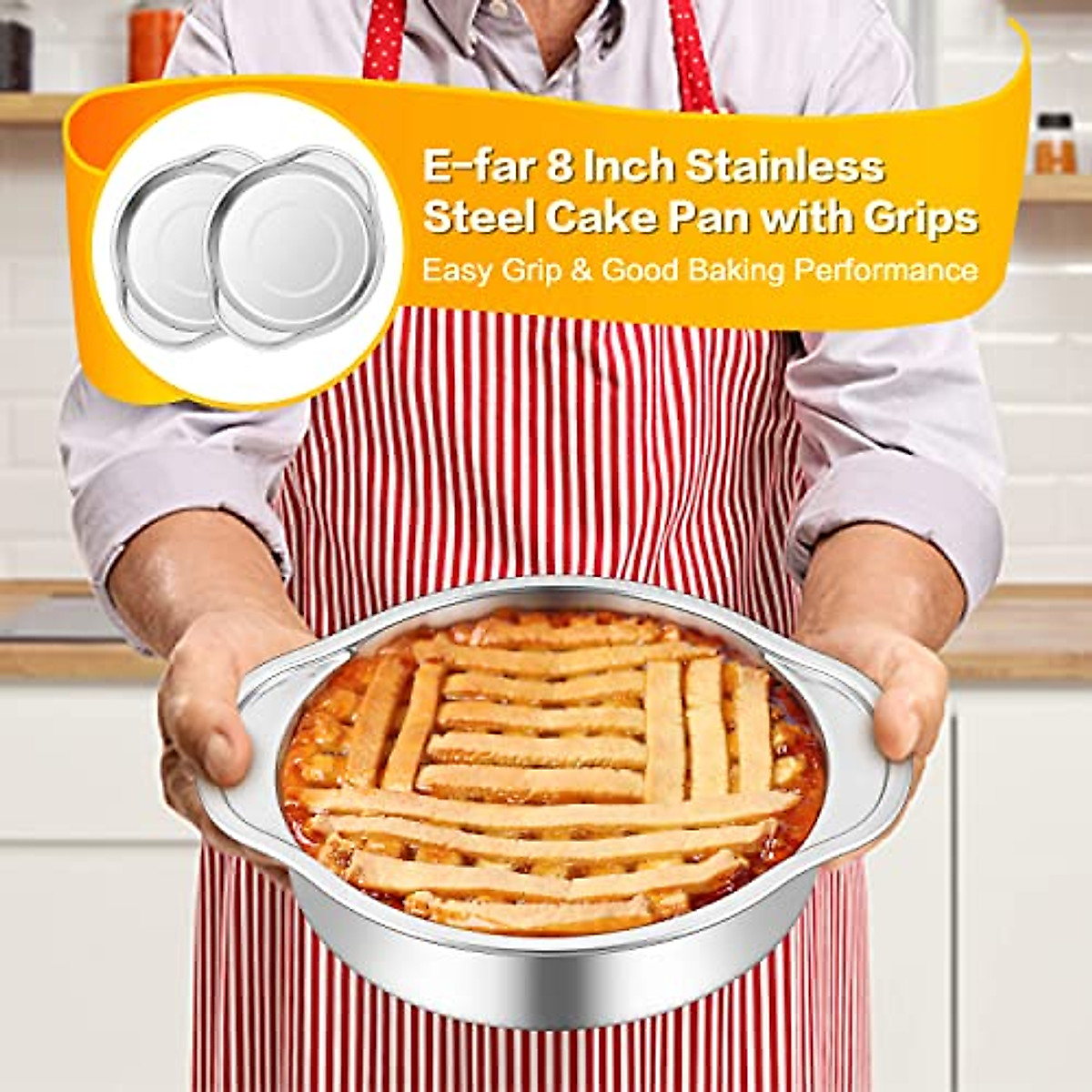E-far 8 Inch Cake Pan Set of 2, Stainless Steel Round Cake Pans Tins with Handle for Baking Birthday Wedding Layer Cakes, Easy Grip & Straight Side, Mirror Finish & Dishwasher Safe