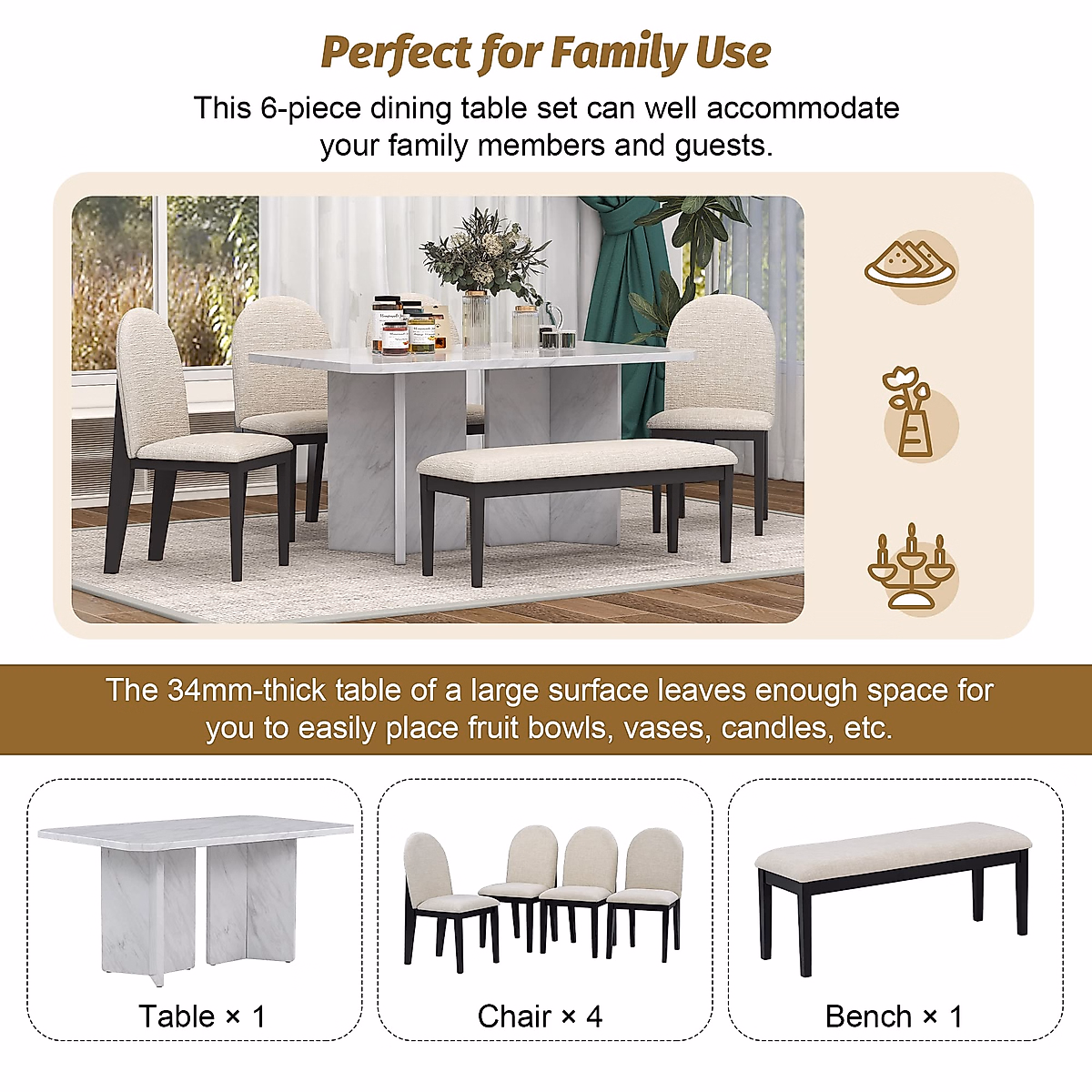 BIADNBZ 6-Piece Dining Table Set for 6 with Faux Marble Tabletop and 4 Upholstered Dining&Chairs & 1 Bench for Kitchen Funiture,Family, 36.1 inch, White