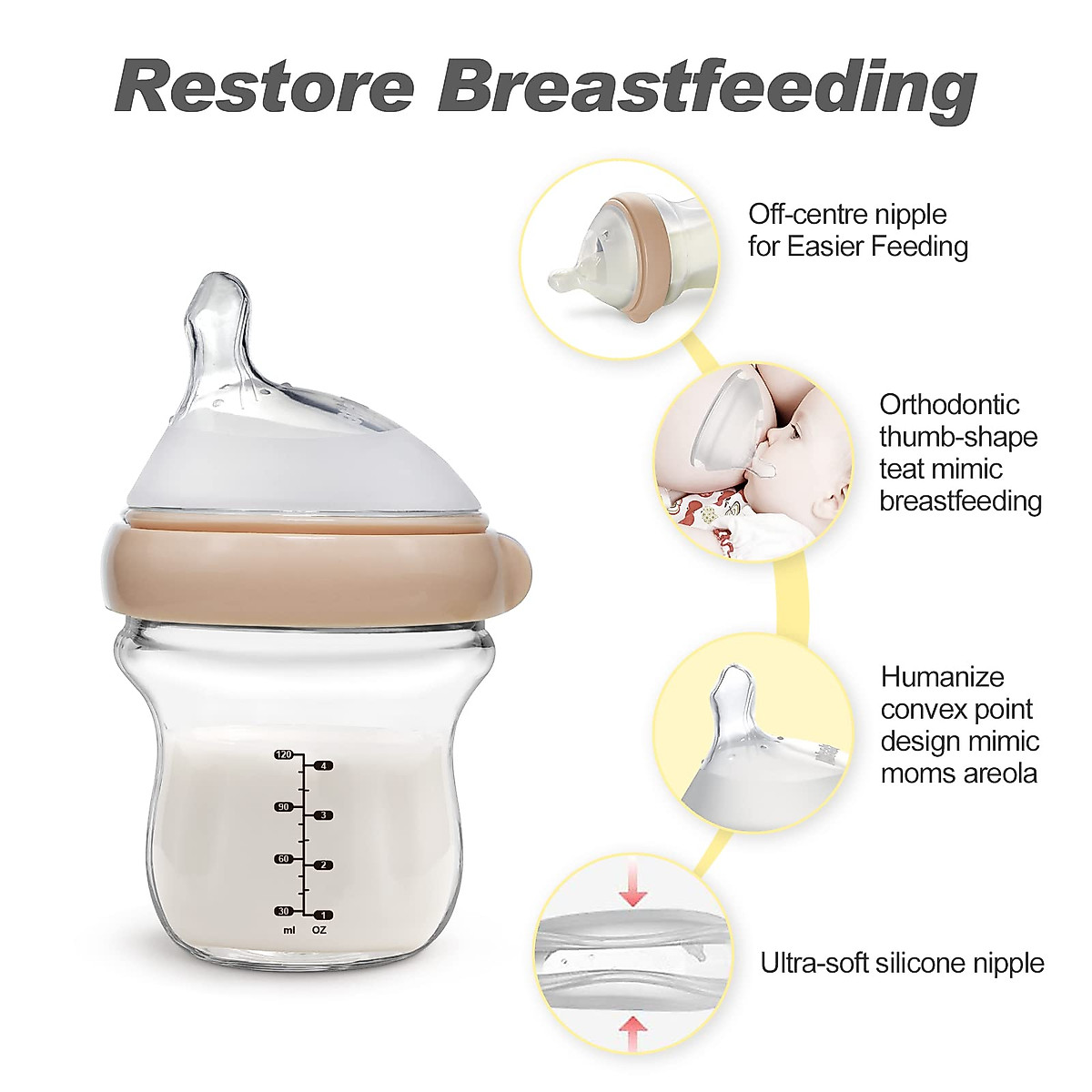 haakaa Gen.3 Natural Glass Baby Bottle 4.2oz/120ml - Wide Neck, Anti-Colic Slow Flow Nipple,Easy to Clean, 0M+ Breastfed Babies, Newborn Registry Essentials,BPA Free-Peach