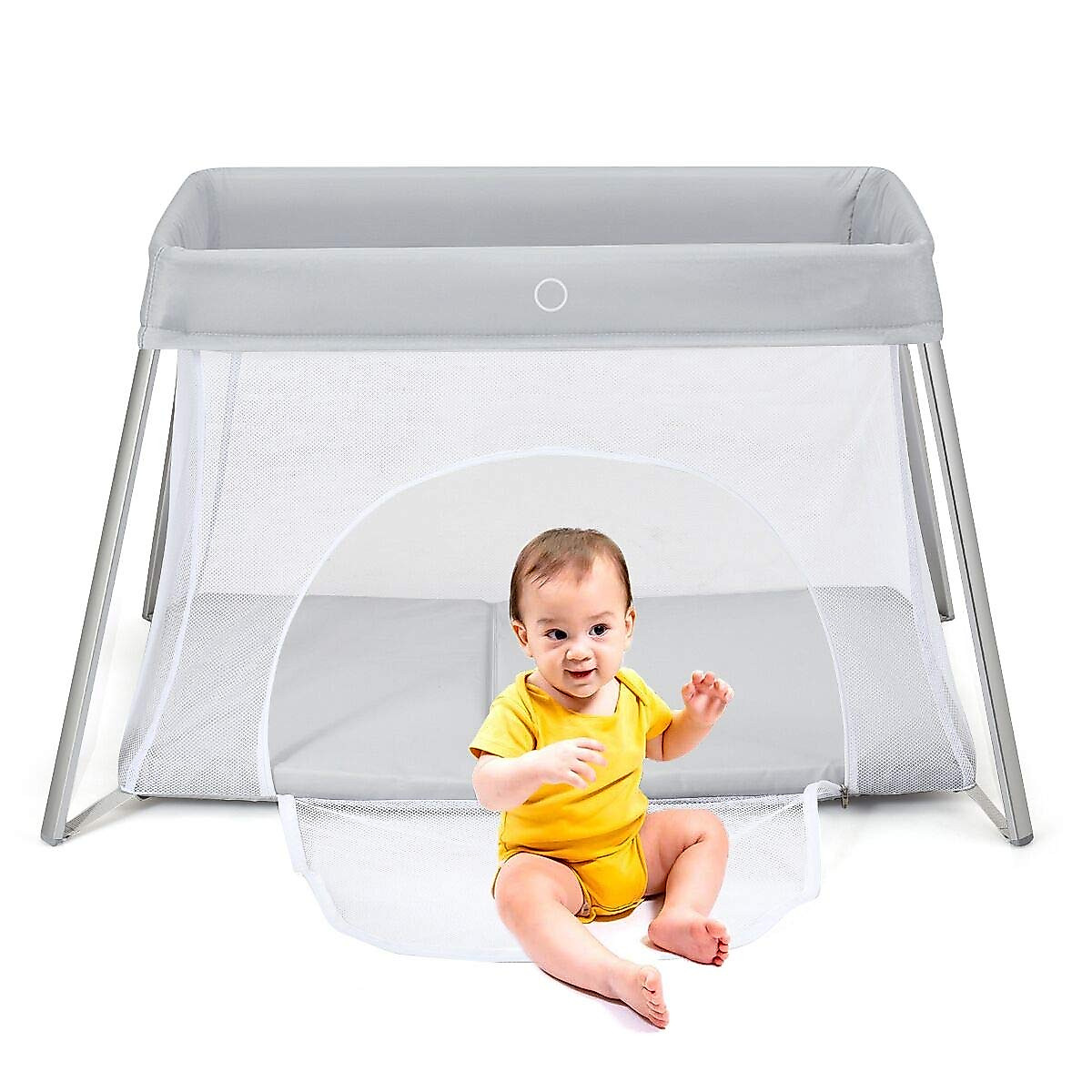 HONEY JOY Baby Travel Crib, Portable Pack and Play Travel Bassinet with Carry Bag, Lightweight Baby Playpen w/Washable Mattress, Side Zipper Door, Large Foldable Play-Yard for Infant Boy Girl (Sliver)