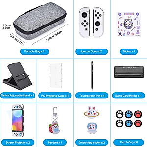 innoAura Switch OLED Accessories Bundle 19 in 1 Switch Bundle with Switch Case, Switch Game Case, Switch OLED Screen Protector, Switch Stand, Switch Thumb Grips (Gray)