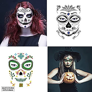 20 Sheets Day of the Dead Face Sugar Skull Tattoos,Including 8 Large Sheets Halloween Temporary Face Tattoos, Halloween Sugar Skull Face Tattoos