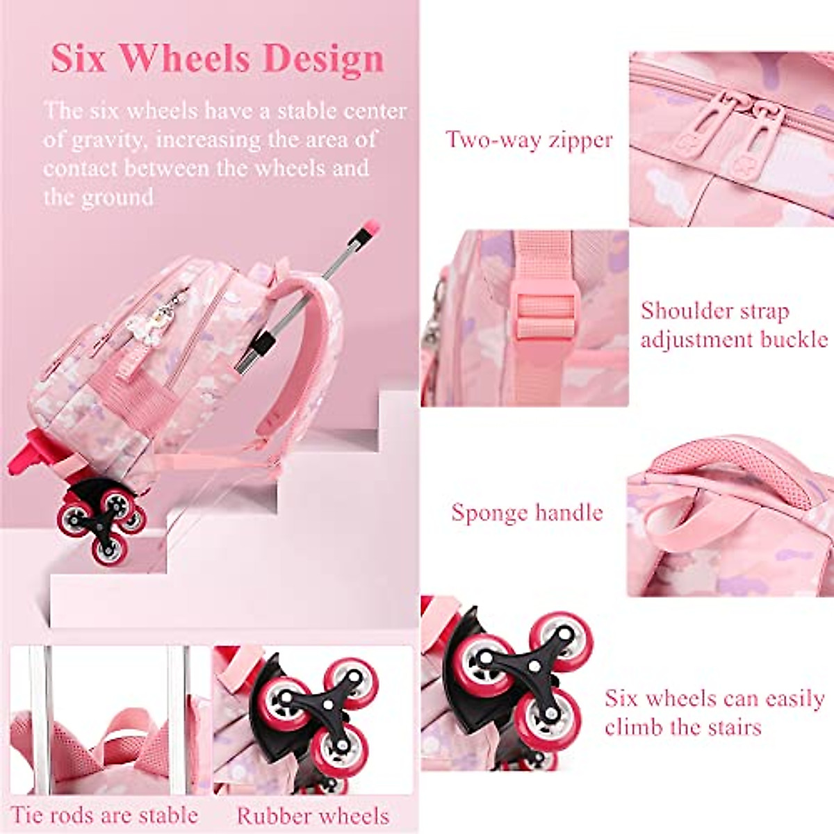 Rolling Backpack for Girls Elementary School Students with Wheels Bookbags Kids trolley Tie Rod Schoolbag Teens Travel Bag