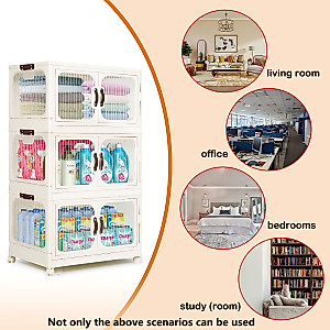 Quaocens Plastic Collapsible Storage Bins with Lids and Wheel,3-Tier Foldable Storage Boxes with Doors,Stackable Closet Storage Collapsible Storage Bin Is Suitable for Organizing Books,Clothes